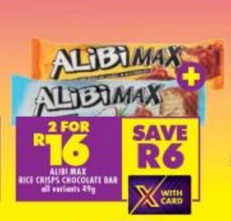 Alibi Max Rice Crisps Chocolate Bar all variants 49g offer at Shoprite