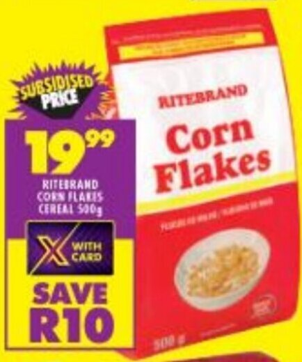 RITEBRAND CORN FLAKES CEREAL 500g offer at Shoprite