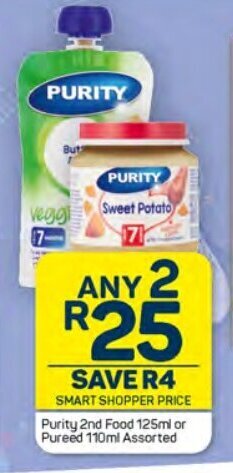 Purity 2nd Food 125ml or Pureed 110ml Assorted offer at Pick n Pay