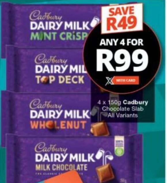 4 x 150g Cadbury Chocolate Slab All Variants offer at Checkers