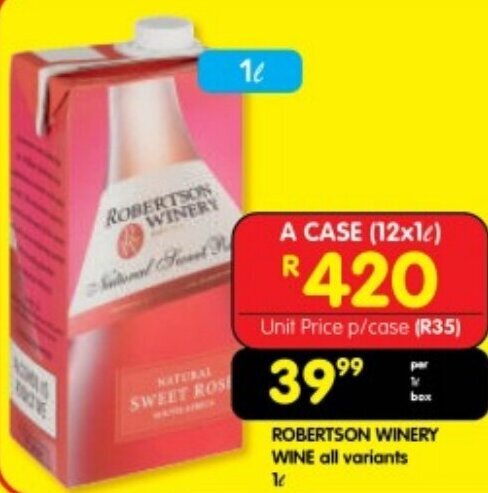 ROBERTSON WINERY WINE all variants 1L offer at Shoprite