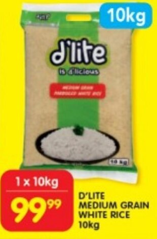 D'LITE MEDIUM GRAIN WHITE RICE 10kg offer at Shoprite