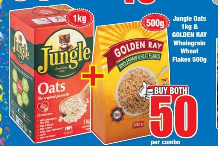 Jungle Oats 1kg & GOLDEN RAY Wholegrain Wheat Flakes 500g offer at Boxer