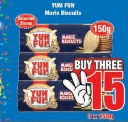 Yum Fun Marie Biscuits 3x150g offer at Boxer