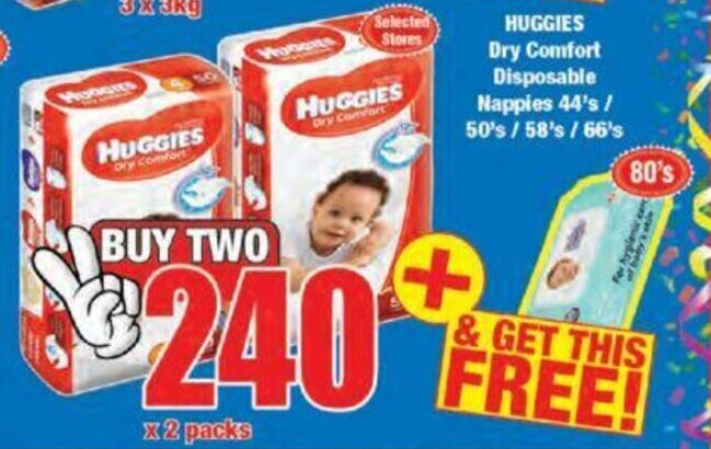 Huggies Dry Comfort Disposable Nappies 44's / 50's / 66's offer at Boxer
