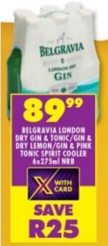 BELGRAVIA LONDON DRY GIN & TONIC/GIN & DRY LEMON/GIN & PINK TONIC SPIRIT COOLER 6x275ml NRB ...
