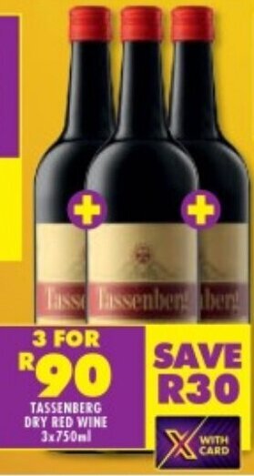TASSENBERG DRY RED WINE 3x750ml offer at Shoprite