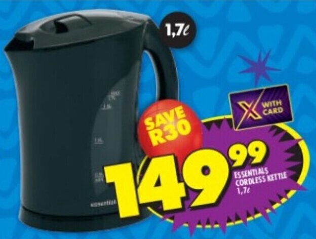 ESSENTIALS CORDLESS KETTLE 1,7L offer at Shoprite
