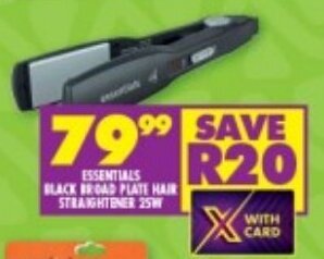 ESSENTIALS BLACK BROAD PLATE HAIR STRAIGHTENER 25W offer at Shoprite