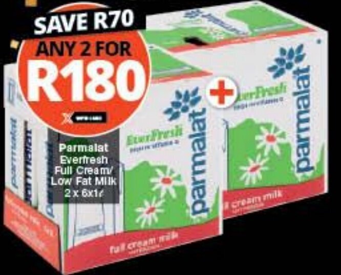 Parmalat Everfresh Full Cream/ Low Fat Milk 2x6x1L offer at Checkers