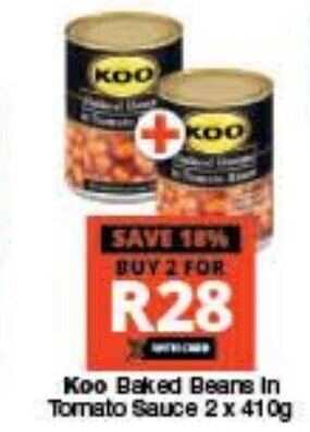 Koo Baked Beans in Tomato Sauce 2 x 410g offer at Checkers