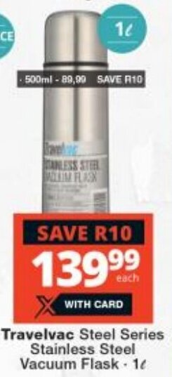 Travelvac Steel Series Stainless Steel Vacuum Flask 1L offer at Checkers
