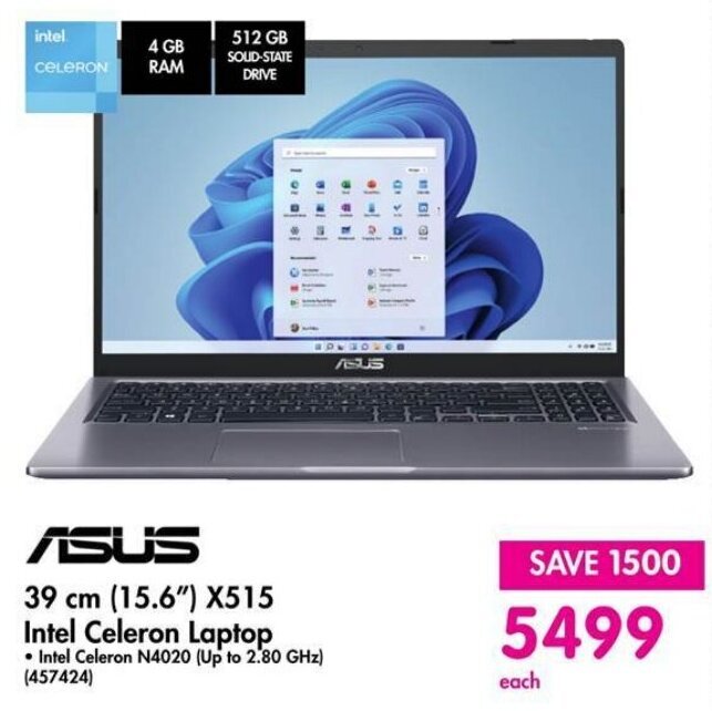 Asus 39cm (15.6") X515 Intel Celeron Laptop offer at Makro