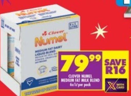 CLOVER NUMEL MEDIUM FAT MILK BLEND 6x1L per pack offer at Shoprite
