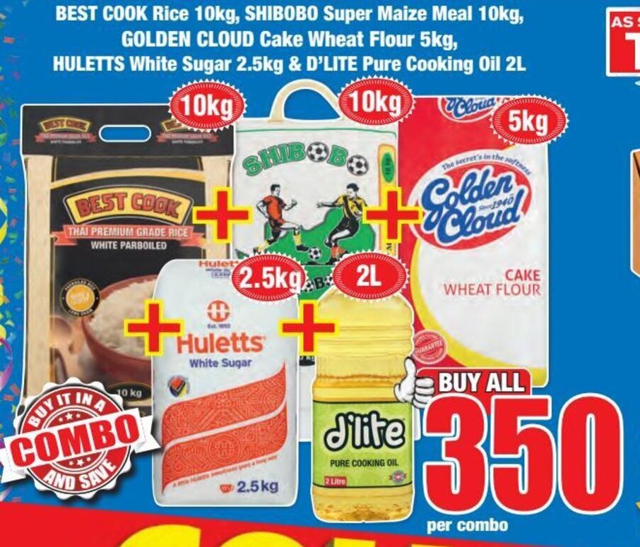 BEST COOK Rice 10kg, SHIBOBO Super Maize Meal 10kg, GOLDEN CLOUD Cake Wheat Flour 5kg, HULETTS ...