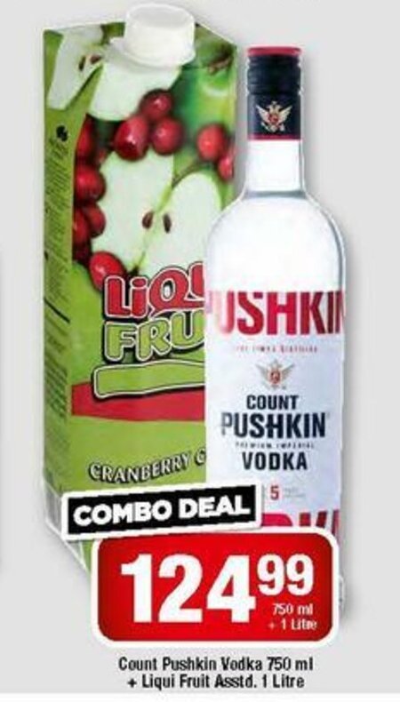 Count Pushkin Vodka 750ml + Liqui Fruit Asstd 1 Litre offer at OK Liquor
