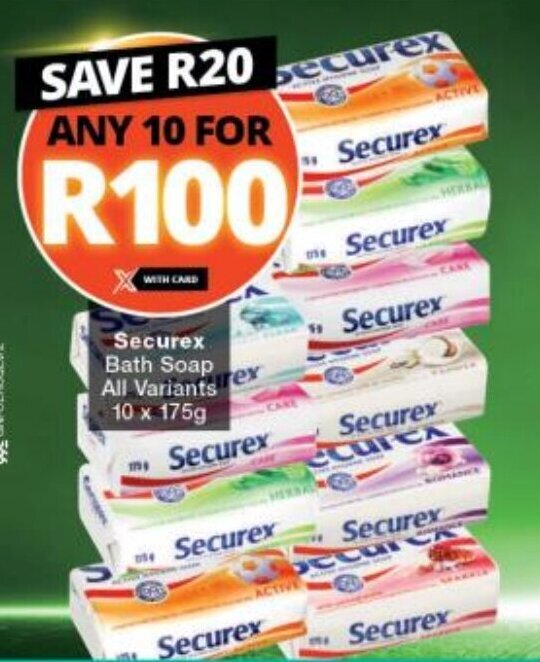 Securex Bath Soap All Variants 10 x 175g offer at Checkers