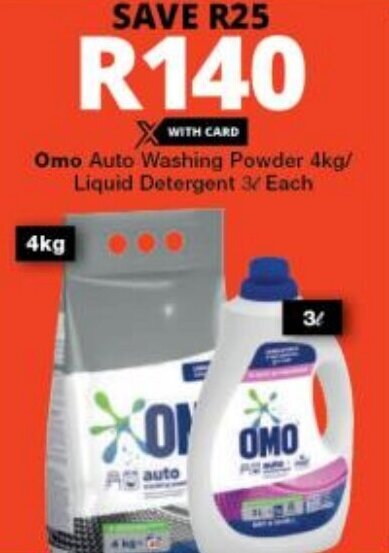 Omo Auto Washing Powder 4kg/ Liquid Detergent 3L Each offer at Checkers