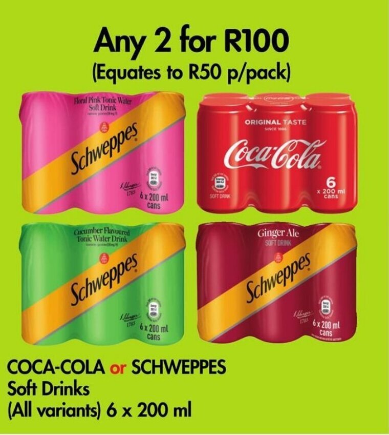 COCA-COLA or SCHWEPPES Soft Drinks (All variants) 6 x 200 ml offer at Makro
