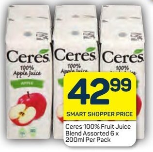 Ceres 100% Fruit Juice Blend Assorted 6 x 200ml Per Pack offer at Pick ...