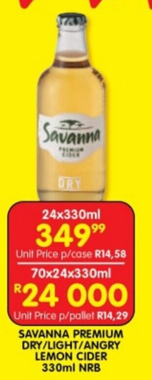 SAVANNA PREMIUM DRY/LIGHT/ANGRY LEMON CIDER 330ml NRB offer at Shoprite