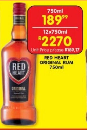 RED HEART ORIGINAL RUM 750ml offer at Shoprite