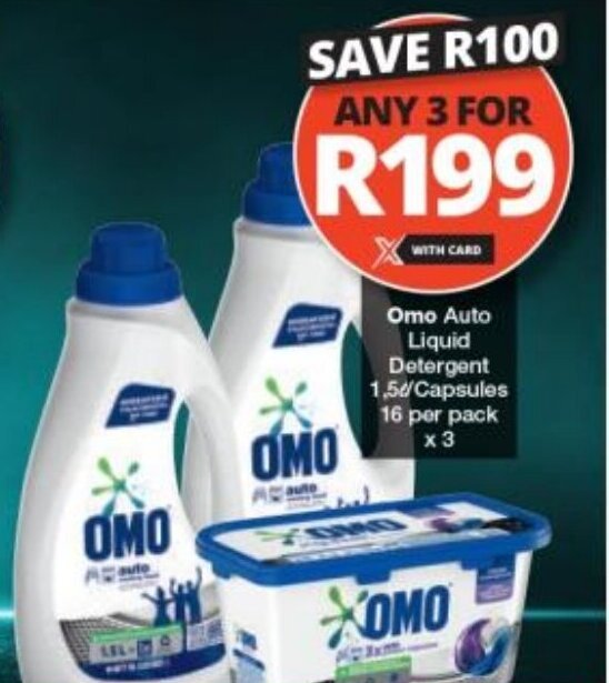 Omo Auto Liquid Detergent 1,50 Capsules 16 per pack x 3 offer at Checkers