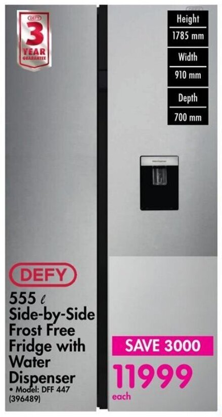 DEFY 555L Side-by-Side Frost Free Fridge with Water Dispenser offer at ...