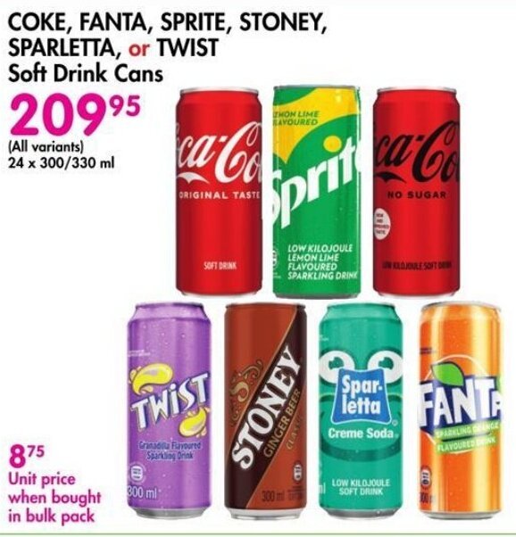 COKE, FANTA, SPRITE, STONEY, SPARLETTA, or TWIST Soft Drink Cans offer ...