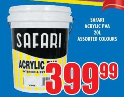 SAFARI ACRYLIC PVA 20L ASSORTED COLOURS offer at Boxer Build