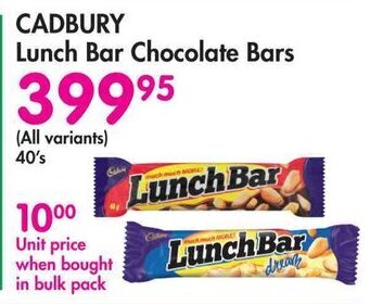 CADBURY Lunch Bar Chocolate Bars offer at Makro