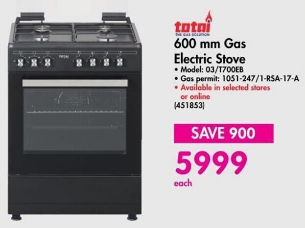 total 600 mm Gas Electric Stove offer at Makro