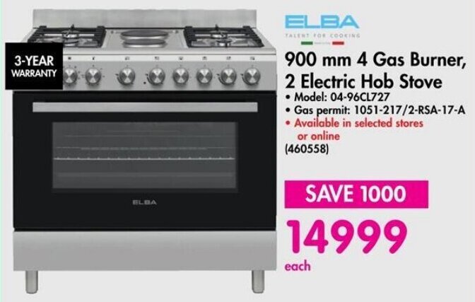 ELBA 900 mm 4 Gas Burner, 2 Electric Hob Stove offer at Makro