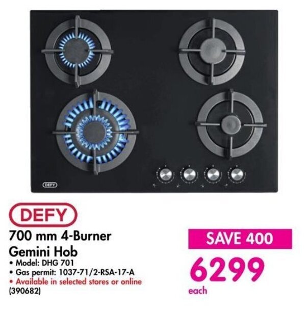 DEFY 700 mm 4-Burner Gemini Hob offer at Makro