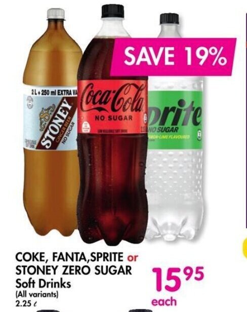COKE, FANTA, SPRITE or STONEY ZERO SUGAR Soft Drinks offer at Makro