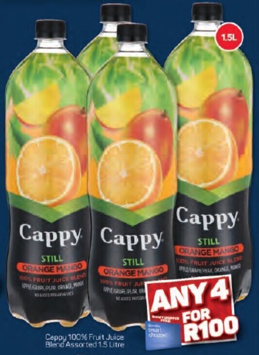 Cappy 100% Fruit Juice Blend Assorted 1.5 Liter offer at Pick n Pay