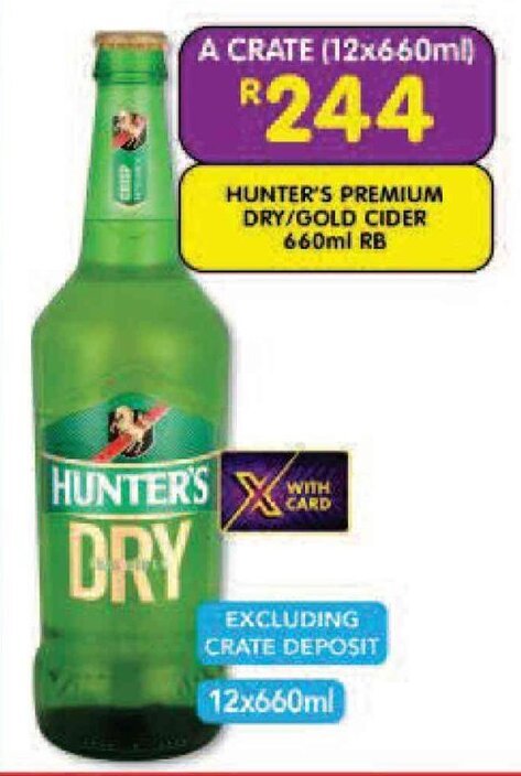 HUNTER'S PREMIUM DRY/GOLD CIDER 660ml RB offer at Shoprite