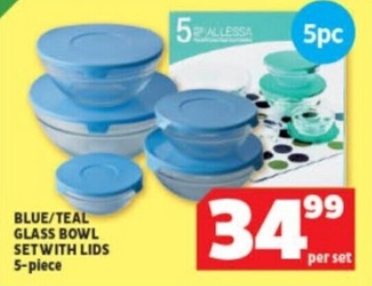 BLUE/TEAL GLASS BOWL SET WITH LIDS 5-piece offer at Usave