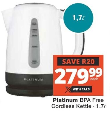 Platinum BPA Free Cordless Kettle 1.7L offer at Checkers