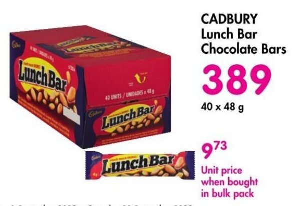 CADBURY Lunch Bar Chocolate Bars 40 x 48g offer at Makro