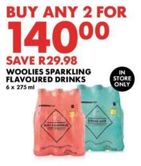 WOOLIES SPARKLING FLAVOURED DRINKS 6 x 275 ml offer at Woolworths