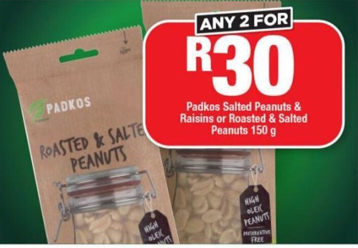 Padkos Salted Peanuts & Raisins or Roasted & Salted Peanuts 150 g offer ...