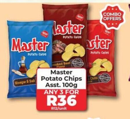 Master Potato Chips Asst. 100g offer at 1UP