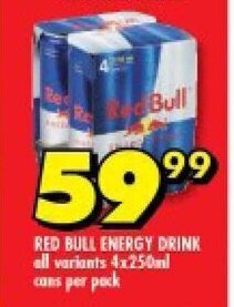 RED BULL ENERGY DRINK 4x250ml cans offer at Shoprite