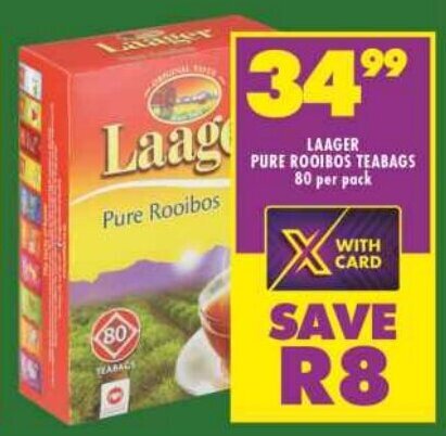 LAAGER PURE ROOIBOS TEABAGS 80 per pack offer at Shoprite