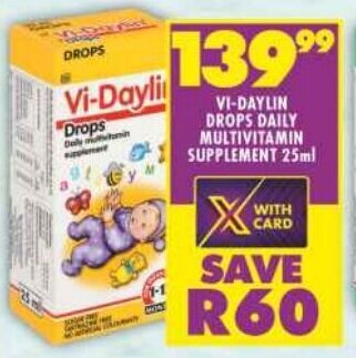VI-DAYLIN DROPS DAILY MULTIVITAMIN SUPPLEMENT 25ml offer at Shoprite