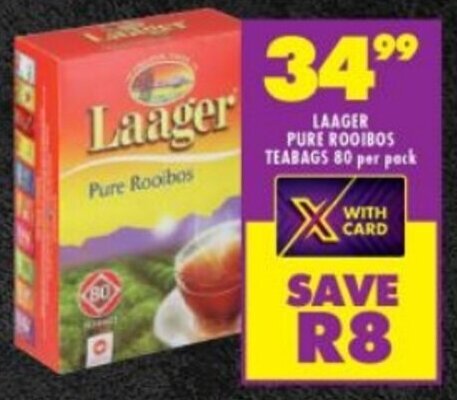 LAAGER PURE ROOIBOS TEABAGS 80 per pack offer at Shoprite