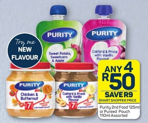 Purity 2nd Food 125ml or Pureed Pouch 110ml Assorted offer at Pick n Pay
