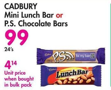 CADBURY Mini Lunch Bar or P.S. Chocolate Bars 24's offer at Makro