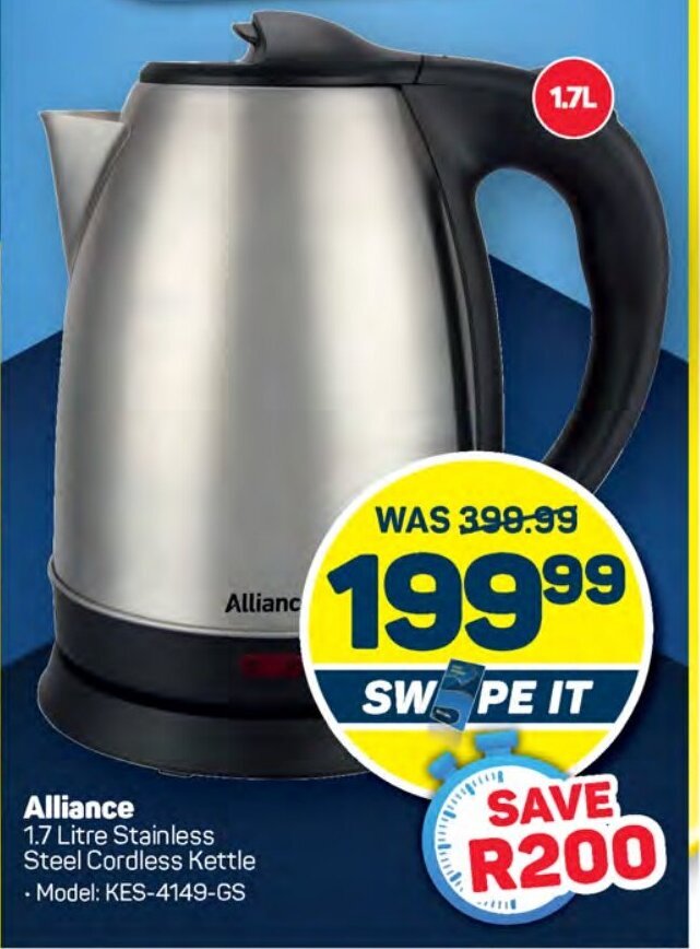 Alliance 1.7 Litre Stainless Steel Cordless Kettle offer at Pick n Pay